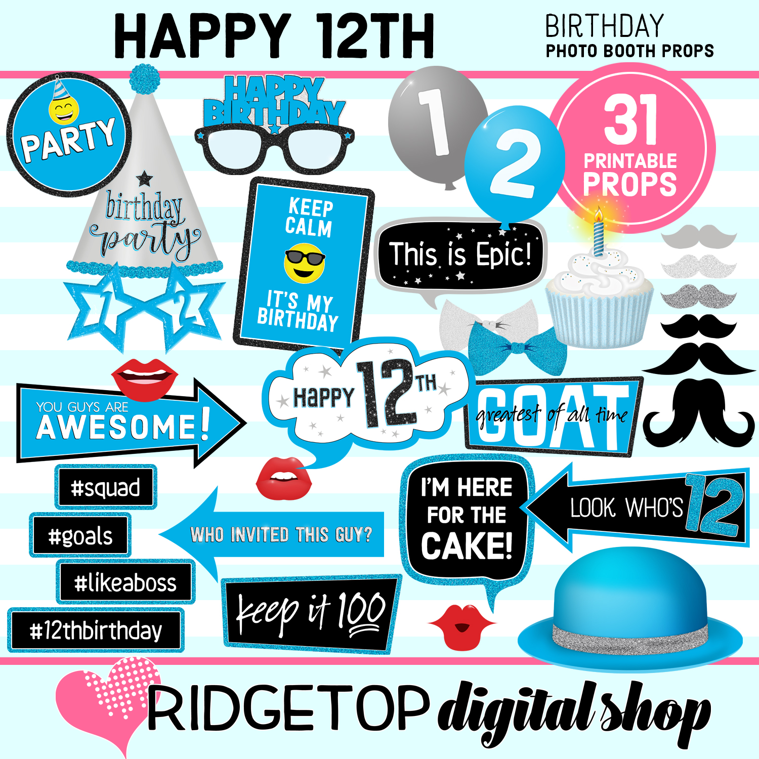 12th Birthday Blue Photo Booth Props • Printable • Ridgetop Digital Shop