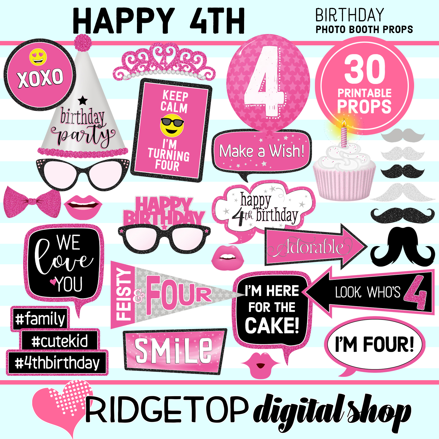 4th Birthday Hot Pink Photo Booth Props • Printable • Ridgetop Digital Shop
